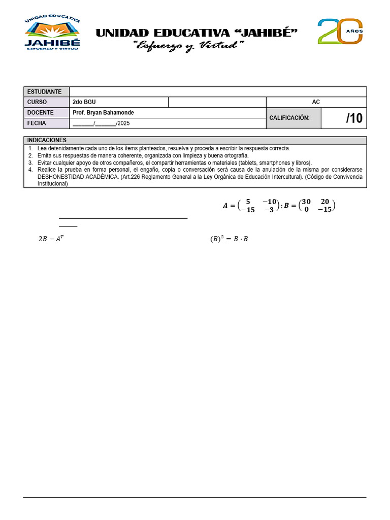 Ev. U4. 2do BGU ENE | PDF | Matriz (Matemáticas) | Objetos matemáticos