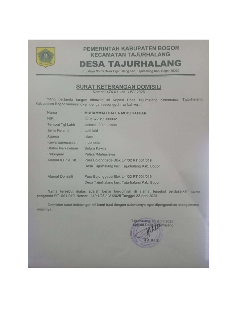Surat Domisili Daffa Tajur Halang | PDF