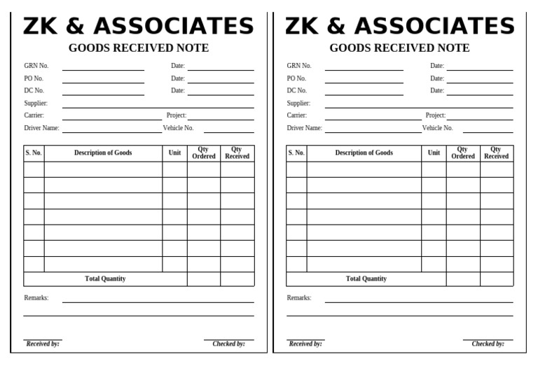 ZK & Associates ZK & Associates: Goods Received Note Goods Received ...