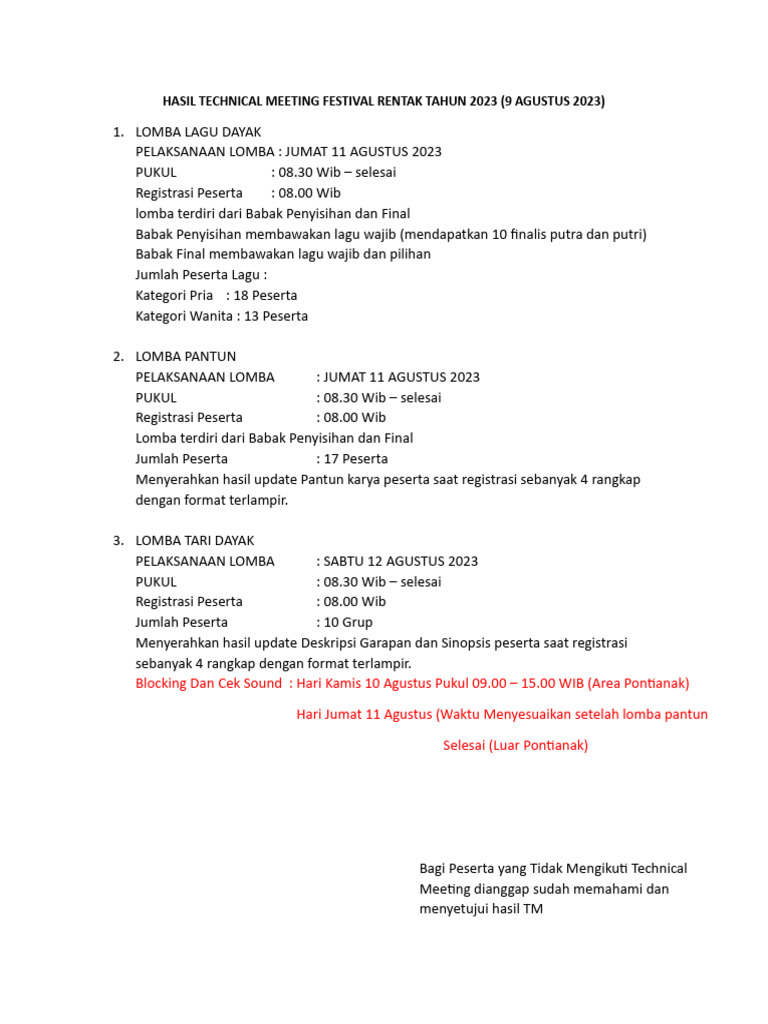 Hasil Technical Meeting Festival Rentak 2023 | PDF