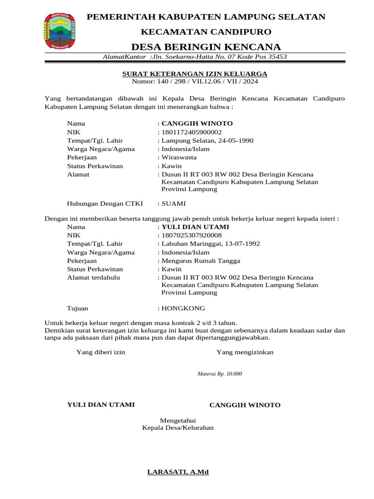 SURAT Izin Orangtua MERANTAU MARFUATUN | PDF