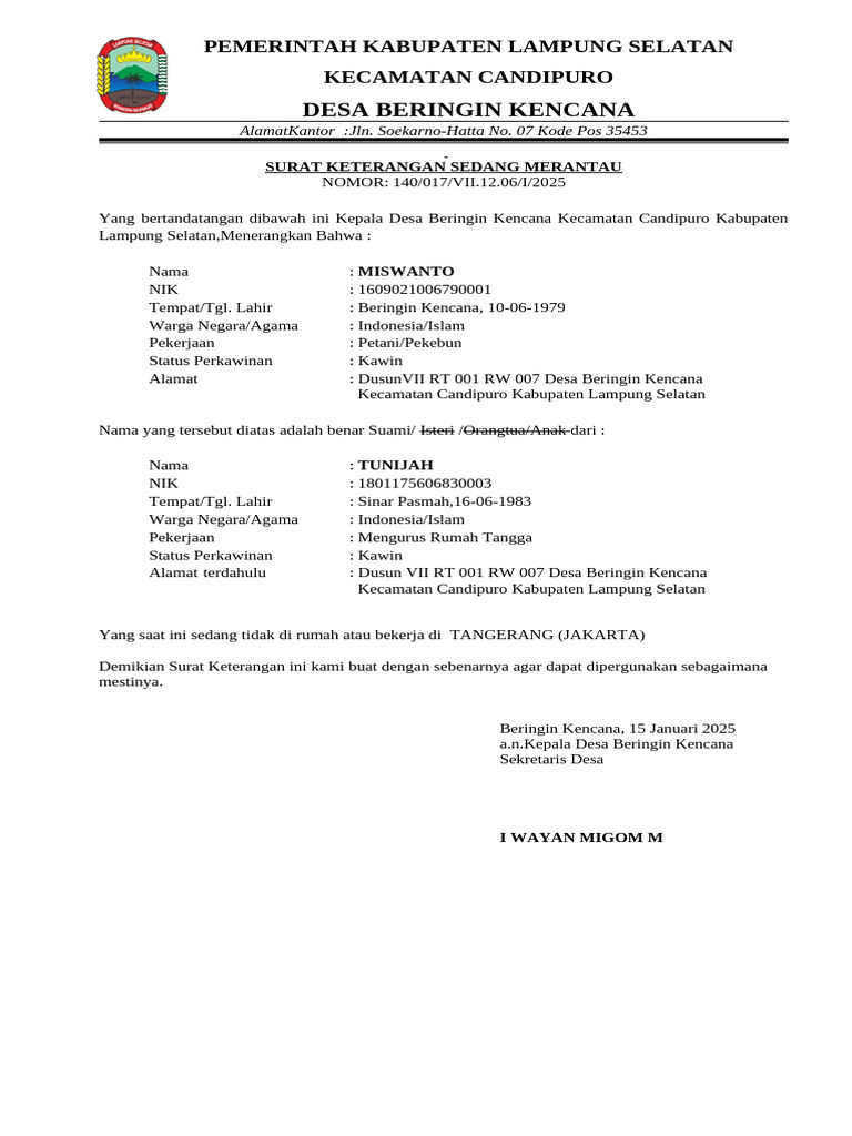 SURAT KETERANGAN MERANTAU MISWANTO | PDF
