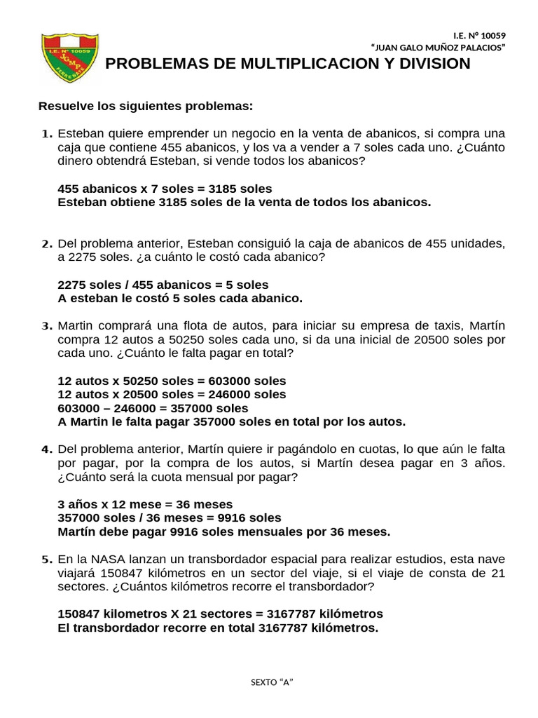 Problemas de Multiplicacion y Division - Respuesta | PDF