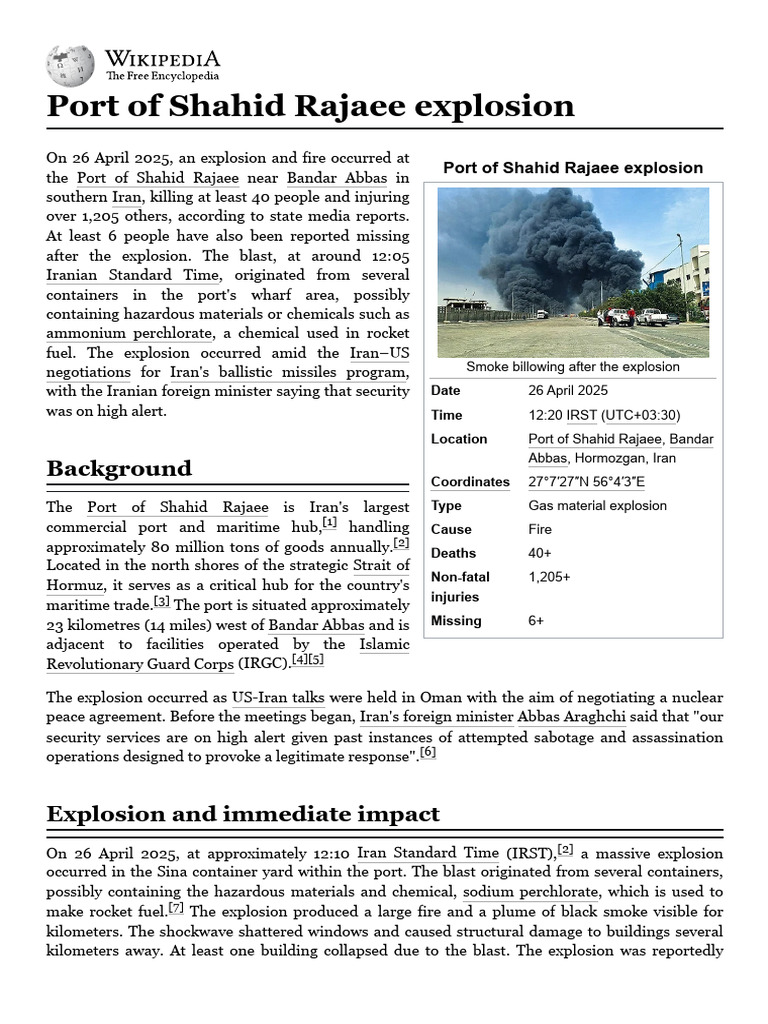 Shahid Rajaee Port Explosion, April 2025 | PDF | Iran | Government Of Iran