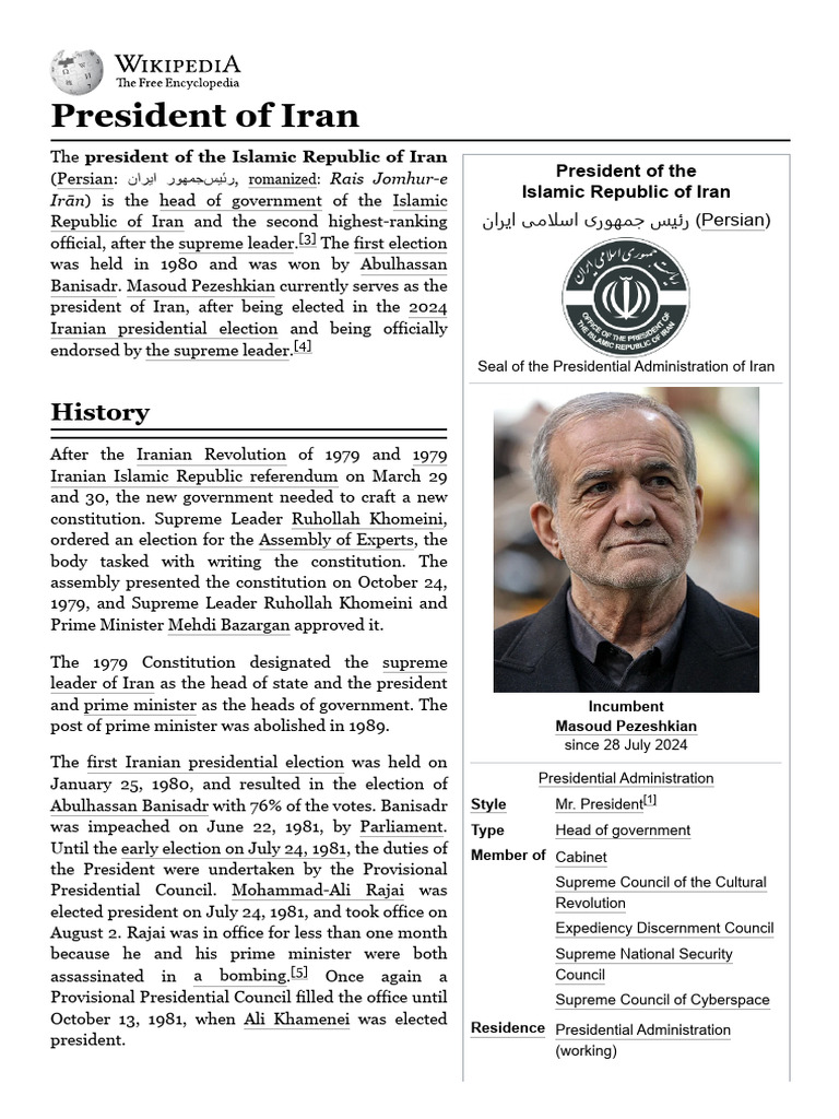 President of Iran - Wikipedia | PDF | Iran | Politics Of Iran