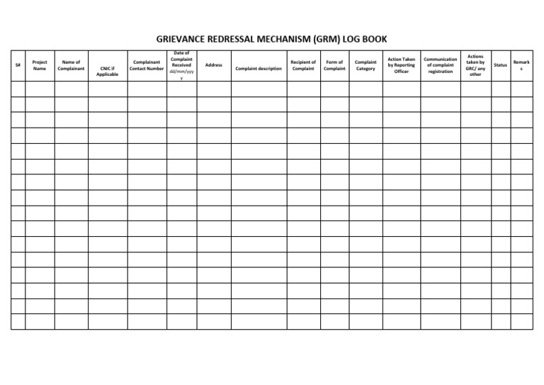 GRM Log Book for Complaints Tracking | PDF