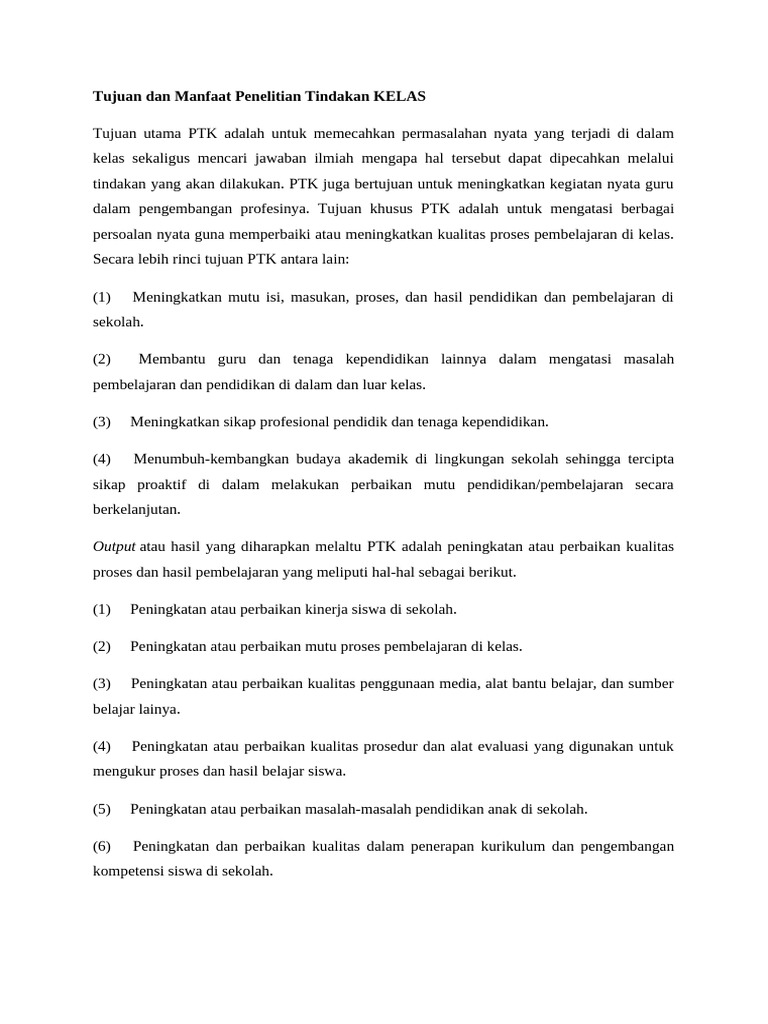 Tujuan Dan Manfaat Penelitian Tindakan KELAS | PDF
