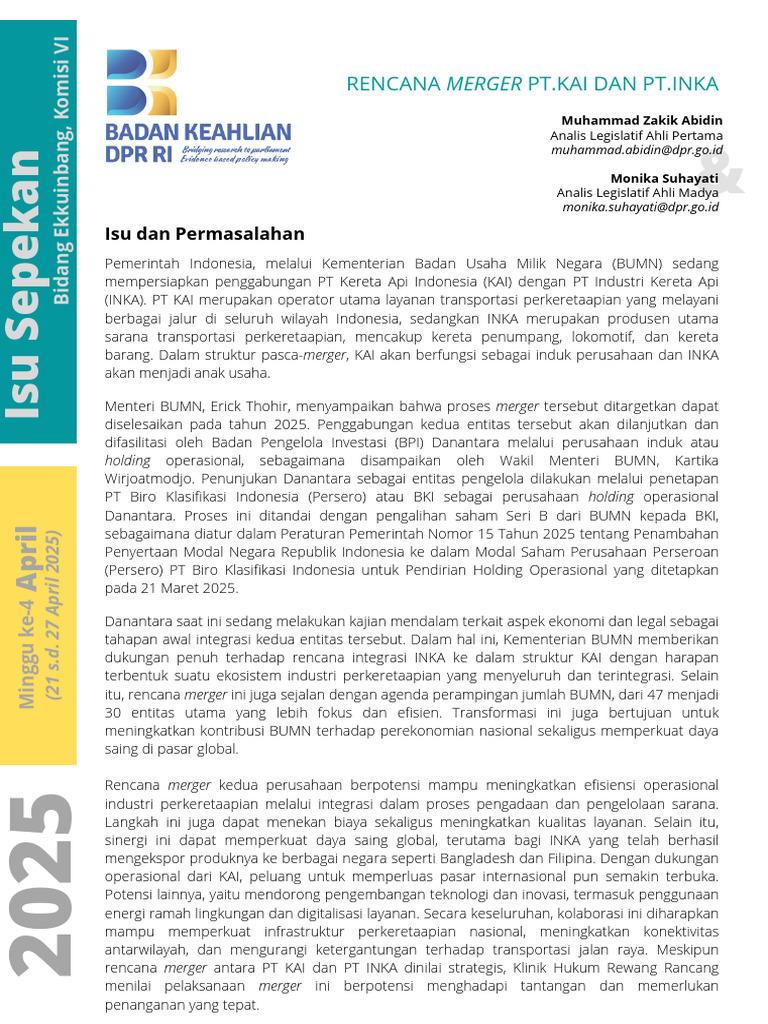 Rencana Merger PT KAI dan PT INKA 2025 | PDF