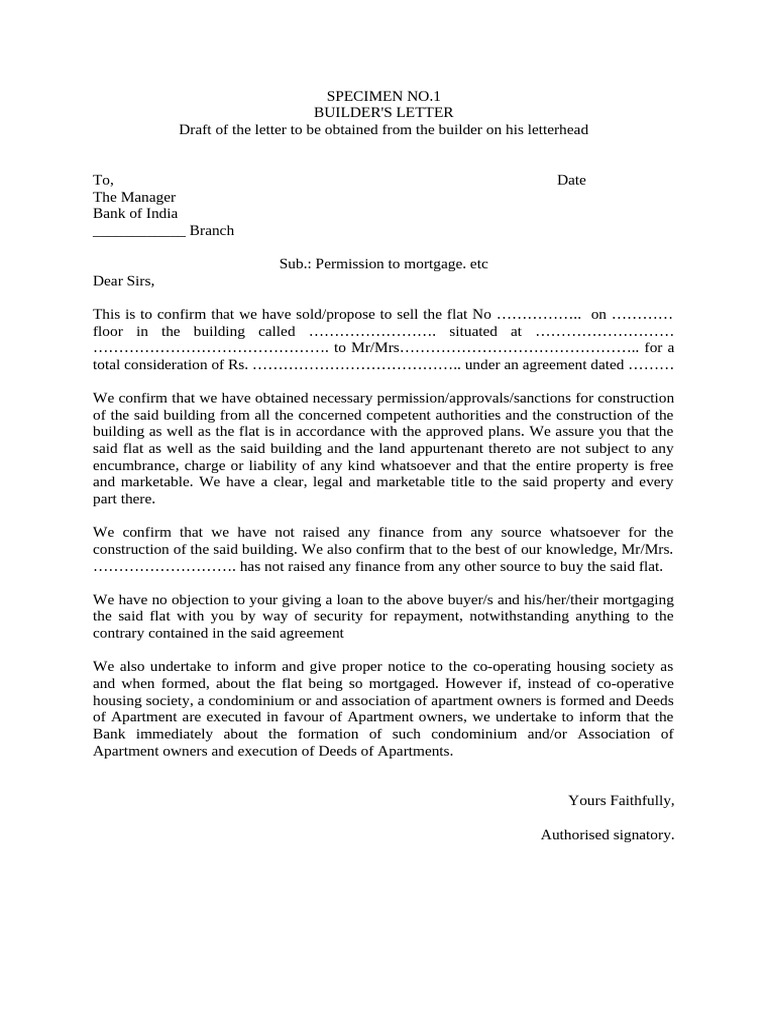 Builder NOC Letter Template for Home Loan | PDF