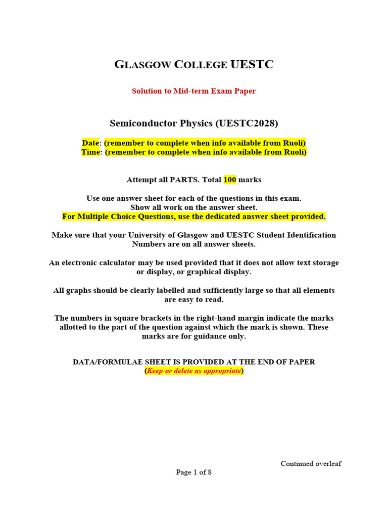 UESTC Midterm Exam Paper - Solution | PDF | Semiconductors | Physical Phenomena