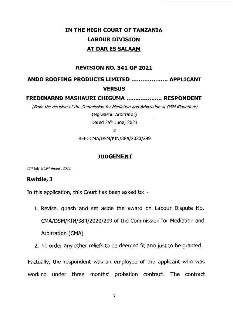 Ando Roofing Products Limited Versus Frinard Mashauri Chiguma-High Court | PDF | Employment ...