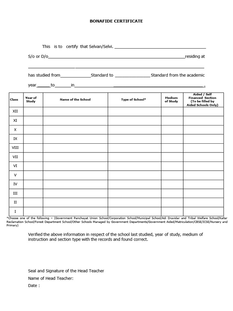 Tamil Nadu School Bonafide Certificate | PDF