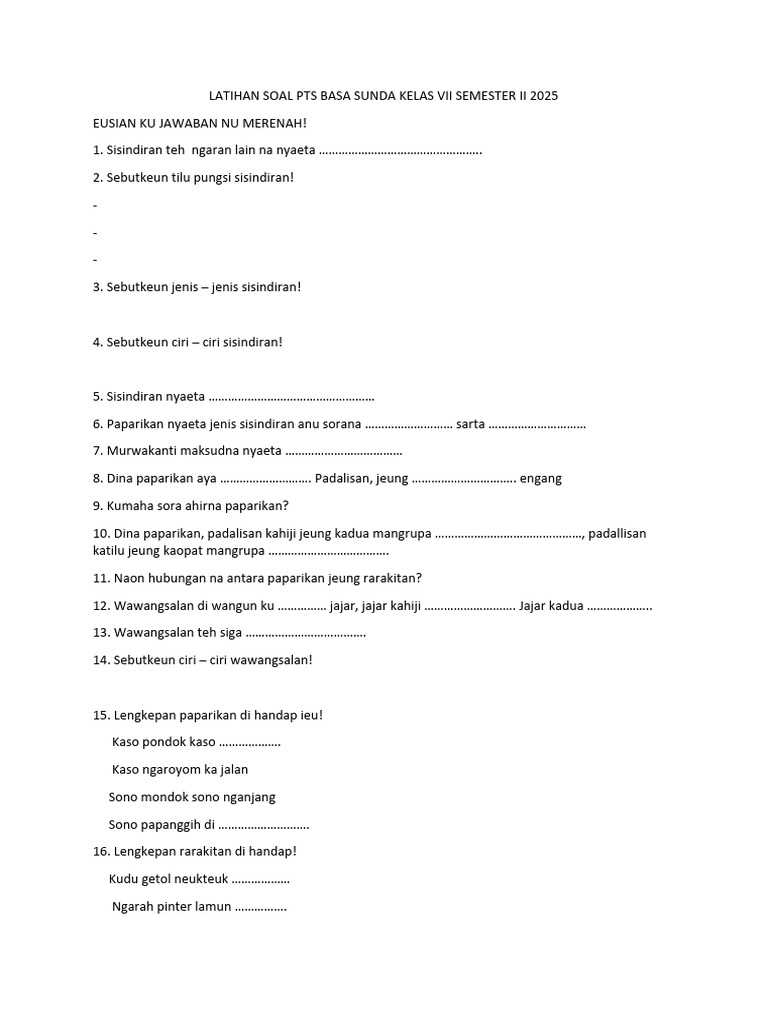 Latihan Soal PTS Basa Sunda Kelas Vii Semester Ii 2025 | PDF