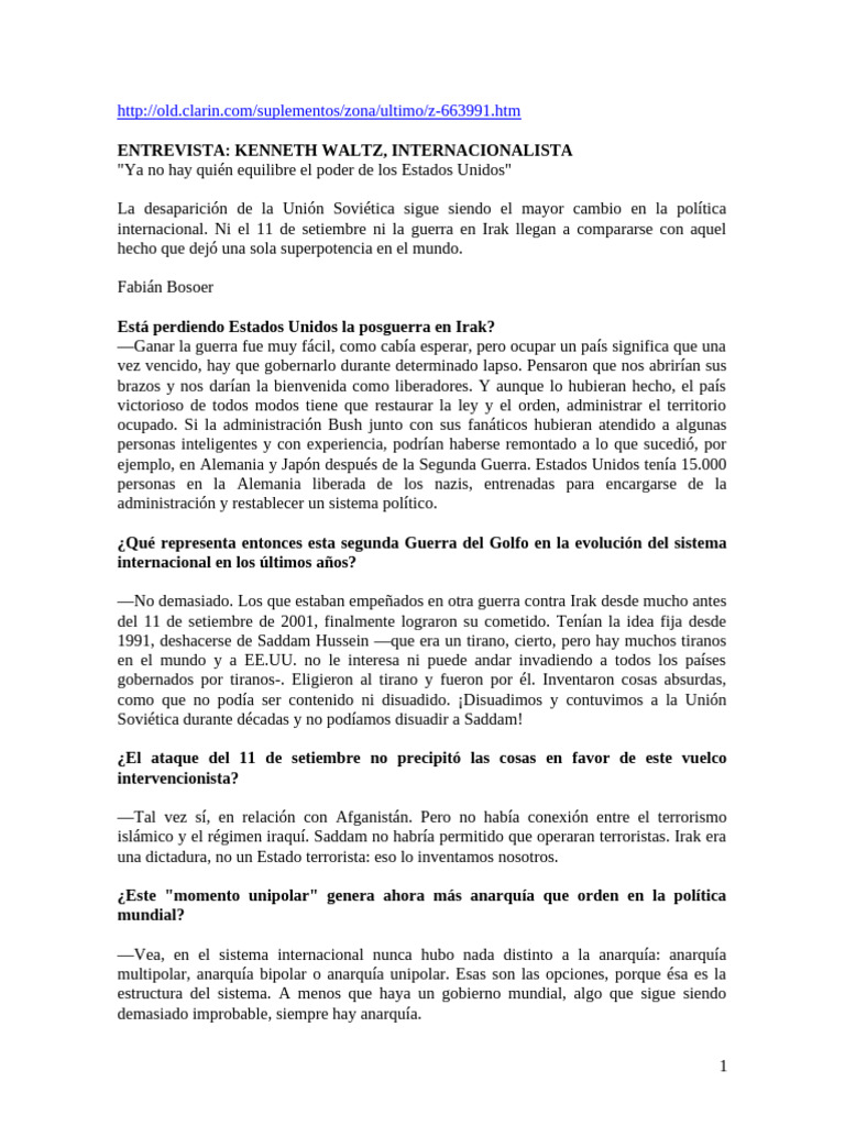 Kenneth Waltz - Entrevista A Clarin - 2003 | PDF | Saddam Hussein | Los ...