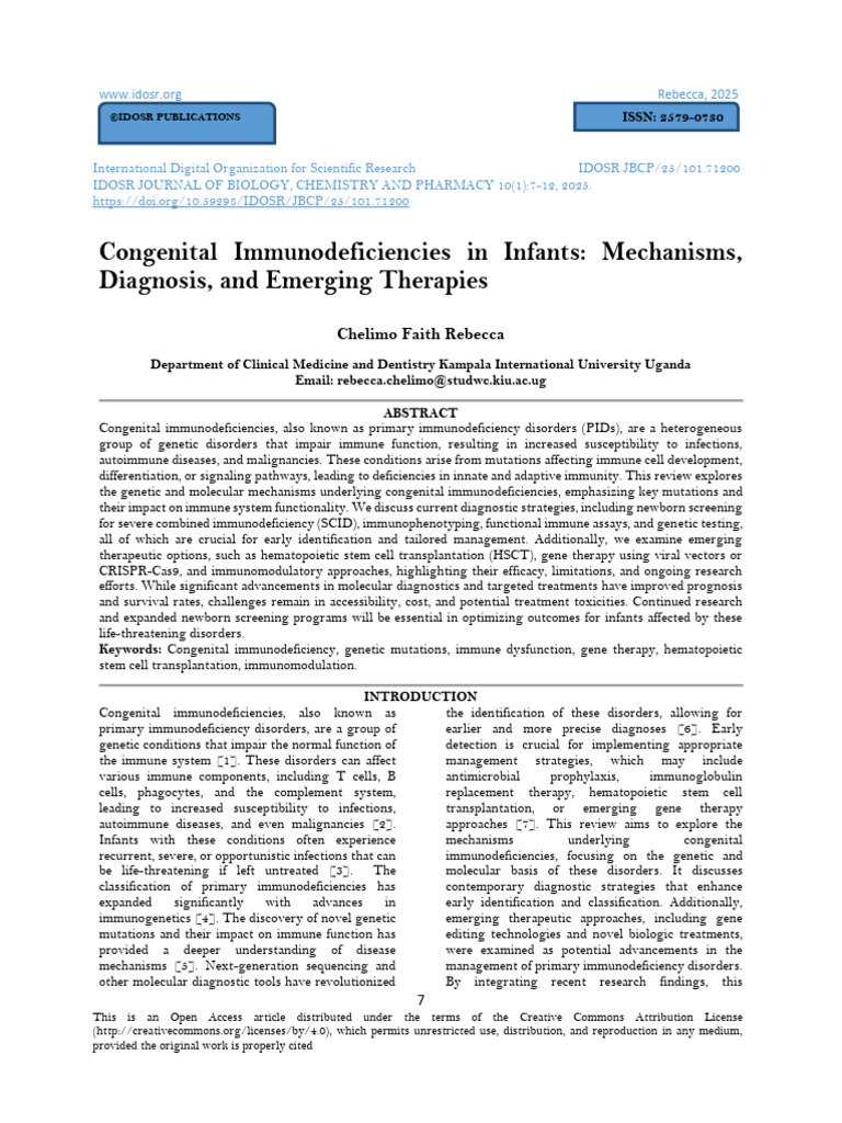Congenital Immunodeficiencies in Infants: Mechanisms, Diagnosis, and Emerging Therapies (WWW ...