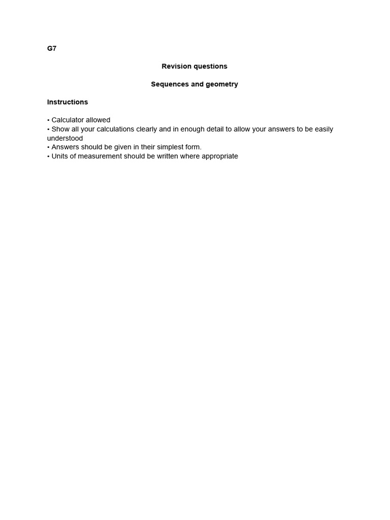 G7 - Revision Questions Sequences and Geometry | PDF