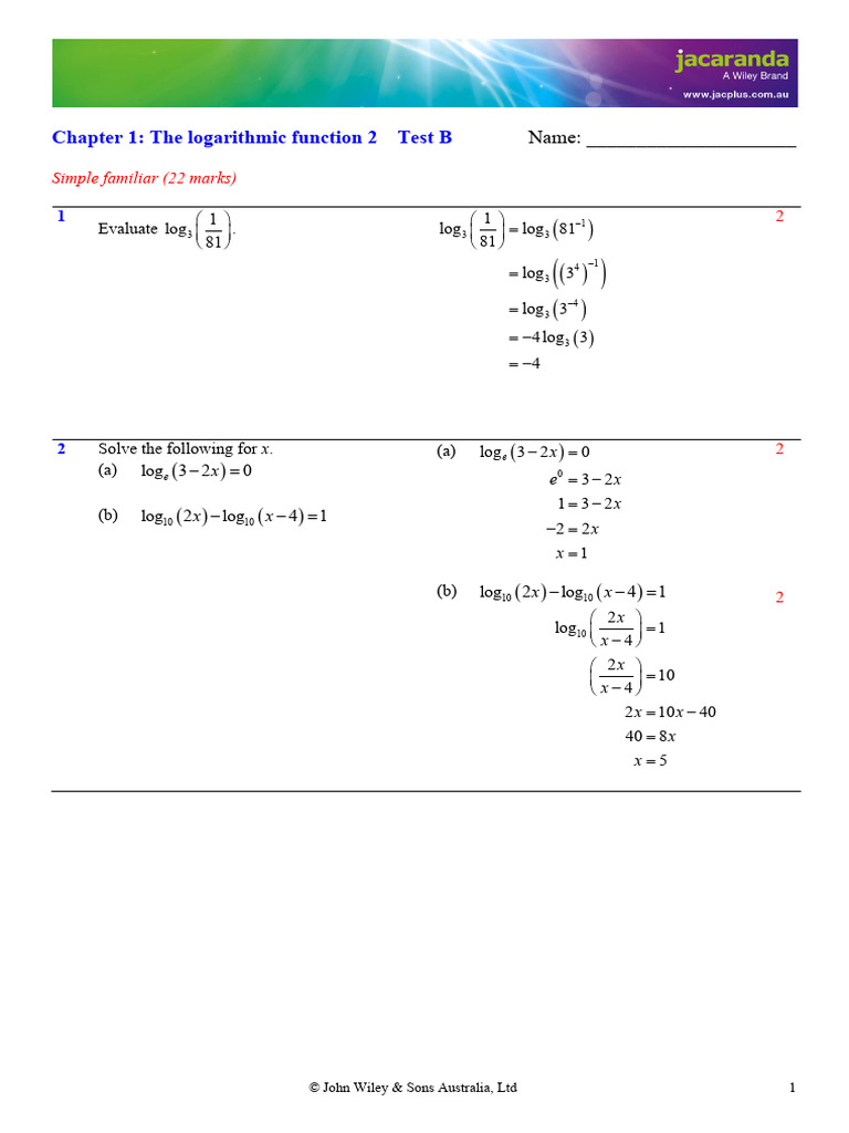 Chapter 1-The Logarithmic Function 2 Test B Sol | PDF | Function ...