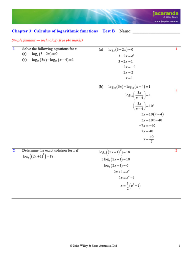 Chapter 3-Calculus of Logarithmic Functions Test B Sol | PDF | Tangent ...