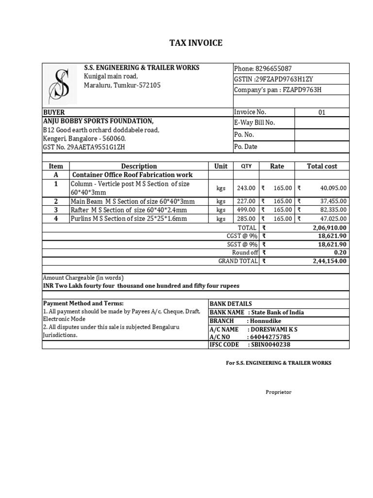 Container Roof Fabrication Tax Invoice | PDF | Invoice | Government ...