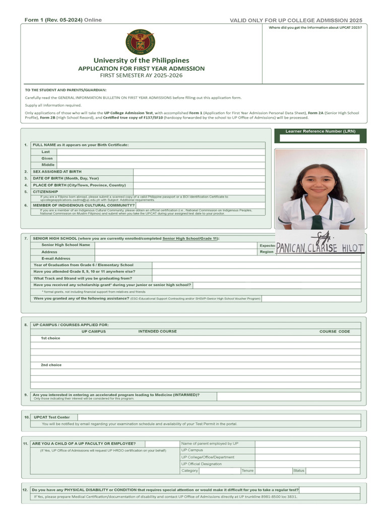 Upcat 2025 Form1 1255921173 | PDF