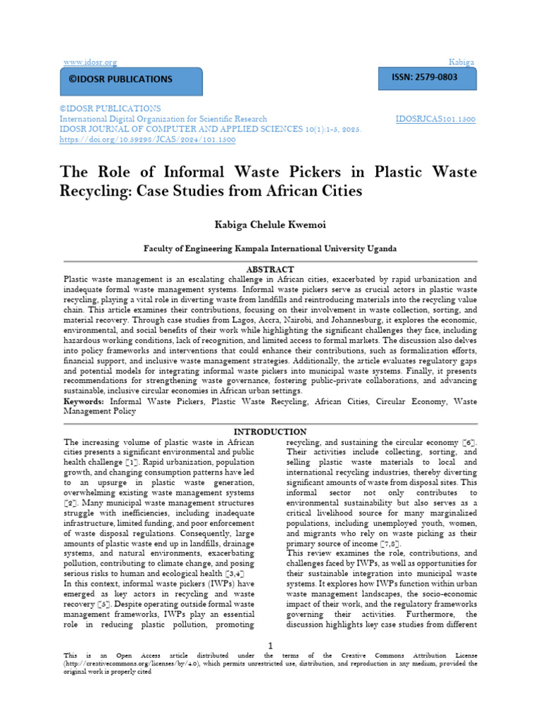 The Role of Informal Waste Pickers in Plastic Waste Recycling: Case ...