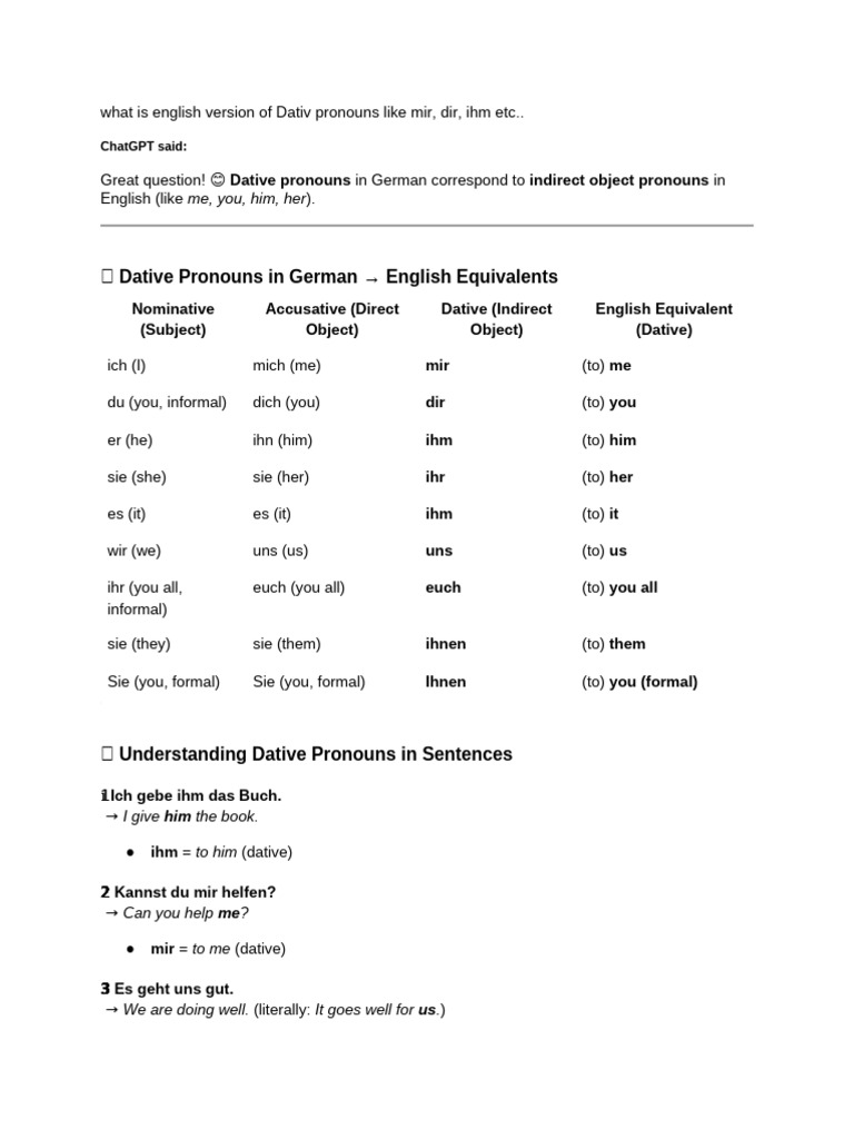 English Equivalent of Akkusativ Dativ Pronouns | PDF | Subject (Grammar ...