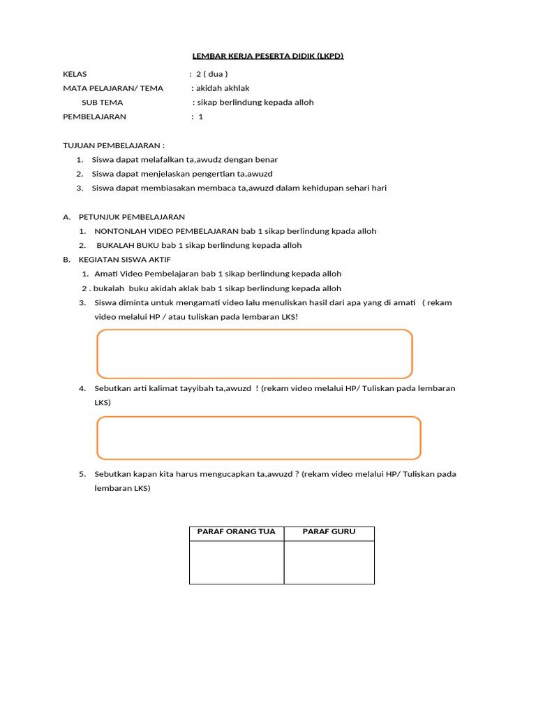 Akidah Akhlak Kelas 2 Semester 1 LKPD | PDF