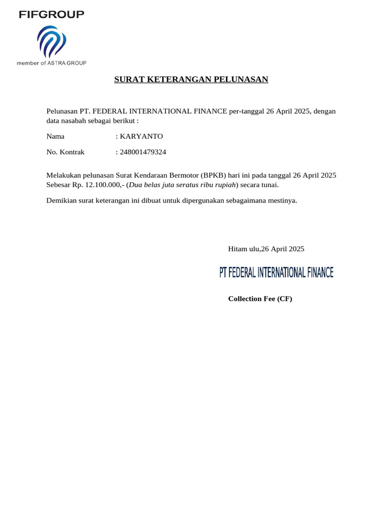 Surat Pelunasan FIF | PDF