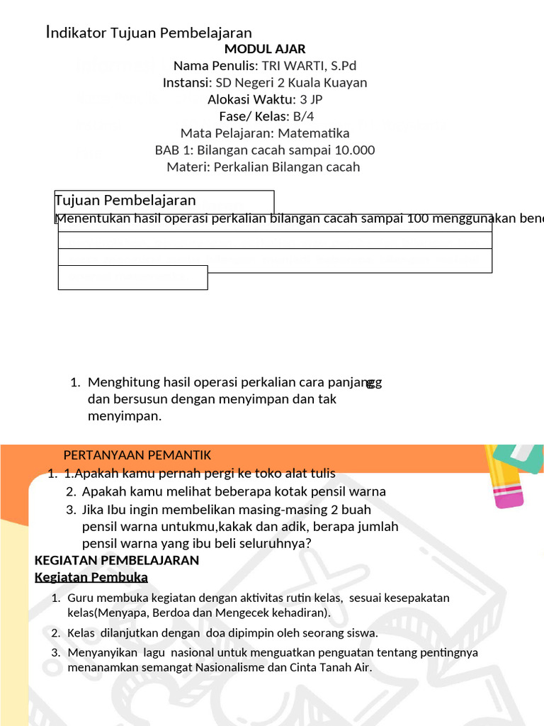 Modul Ajar MTK Perkalian KLS 4 SMT 1 | PDF