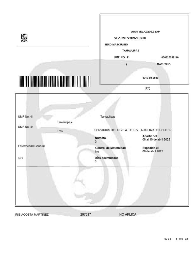 Certificado de Incapacidad Temporal IMSS | PDF | Cuidado de la salud
