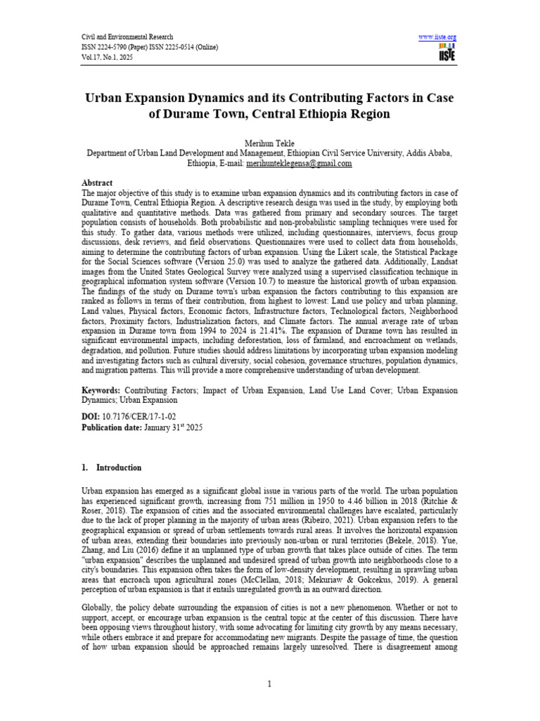 Urban Expansion Dynamics and Its Contributing Factors in Case of Durame ...