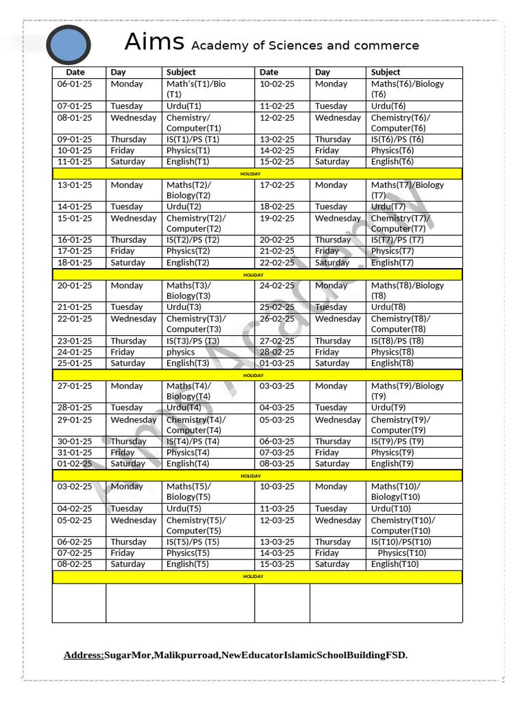 Inter (Part I-II) Date Sheet-Final | PDF