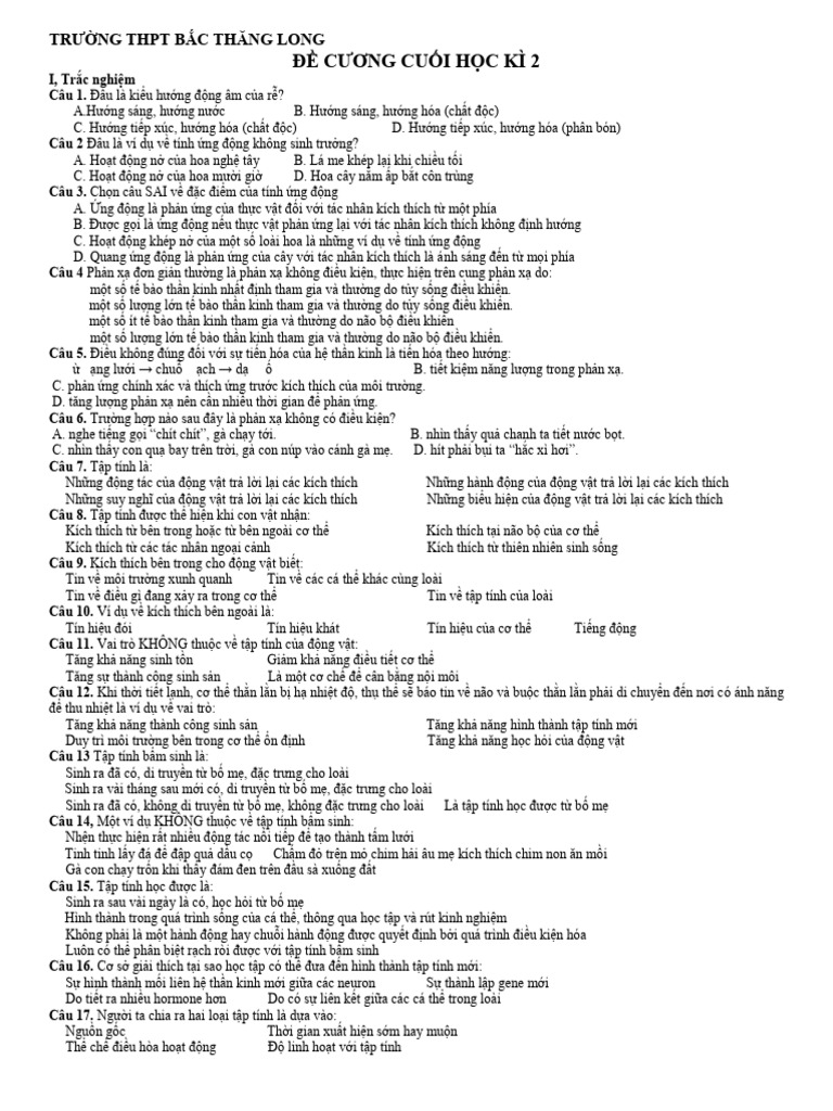 ĐỀ CƯƠNG _HKII_MÔN SINH 11_2024-2025 | PDF