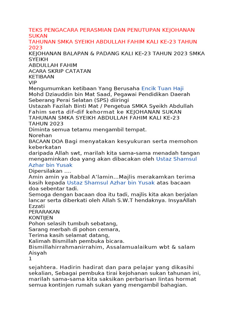 TEKS PENGACARA PERASMIAN DAN PENUTUPAN KEJOHANAN SUKAN | PDF