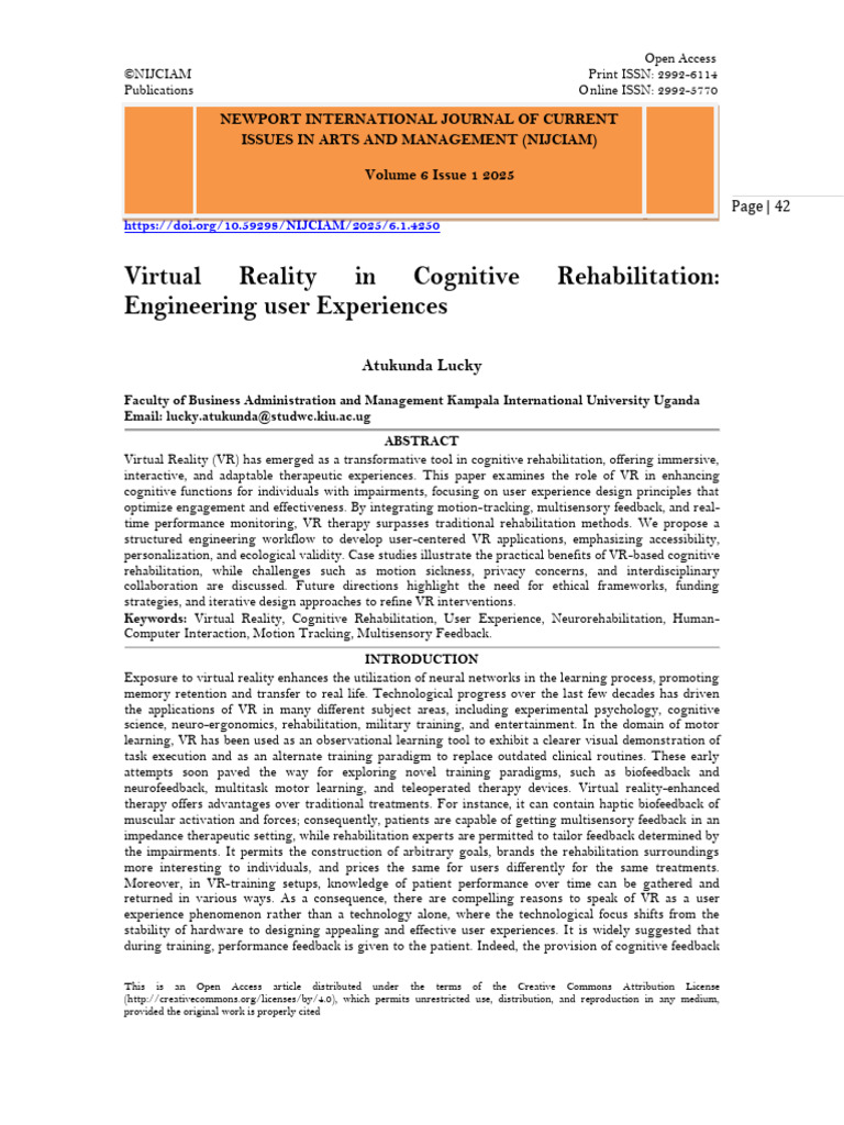 Virtual Reality in Cognitive Rehabilitation: Engineering User Experiences (WWW - Kiu.ac - Ug ...
