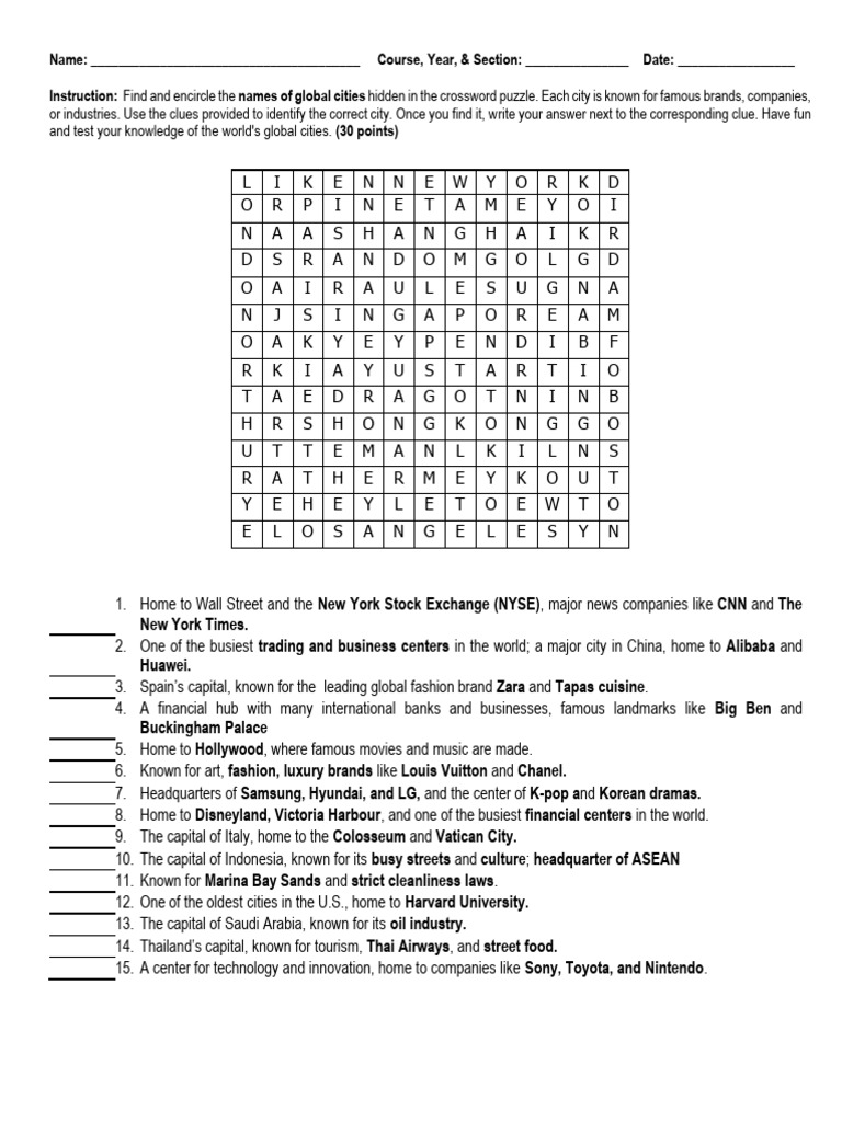 Global Cities Crossword Puzzle Challenge | PDF