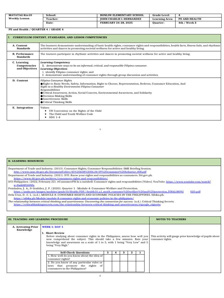 Pe and Health 4 - DLL - Q4 - Week 3 | PDF | Critical Thinking | Thought