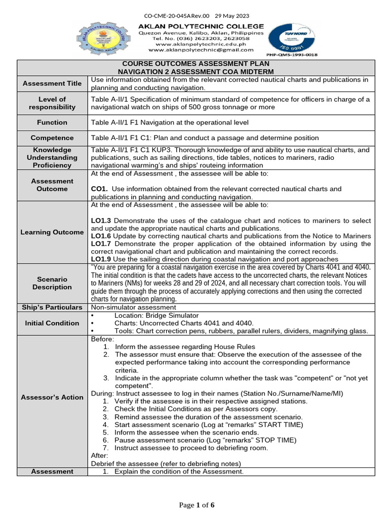 NAV-2-COA-Psychomotor_COA-PLAN-MIDTERM | PDF | Navigation