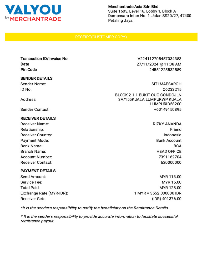 Merchantrade Asia Remittance Receipt | PDF | Business | Money