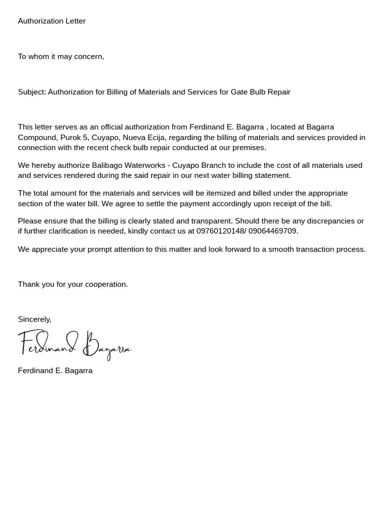 Authorization Letter Ferdinand Bagarra | PDF