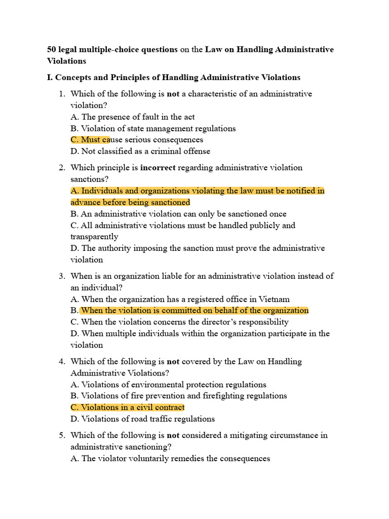 50 Legal Multiple-Choice Questions On The Law On Handling ...