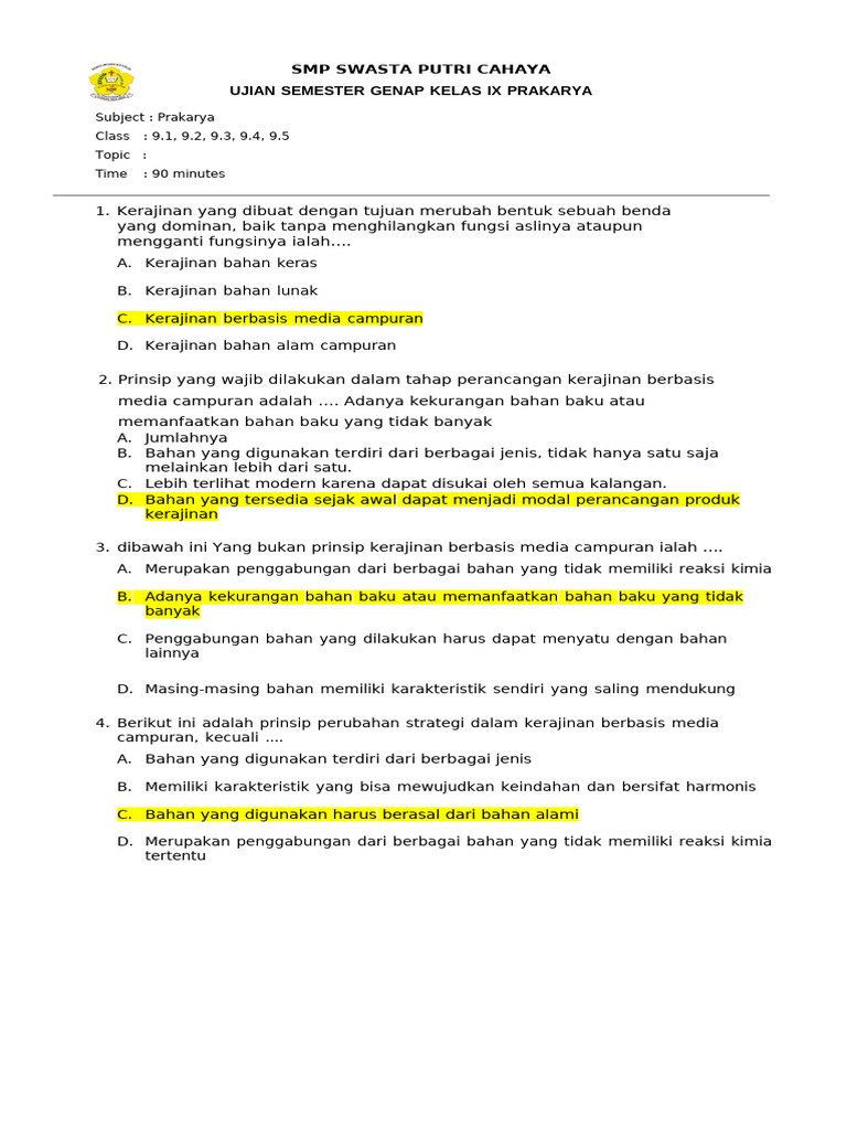 Naskah Soal US Prakarya Kelas 9 FIXXX | PDF