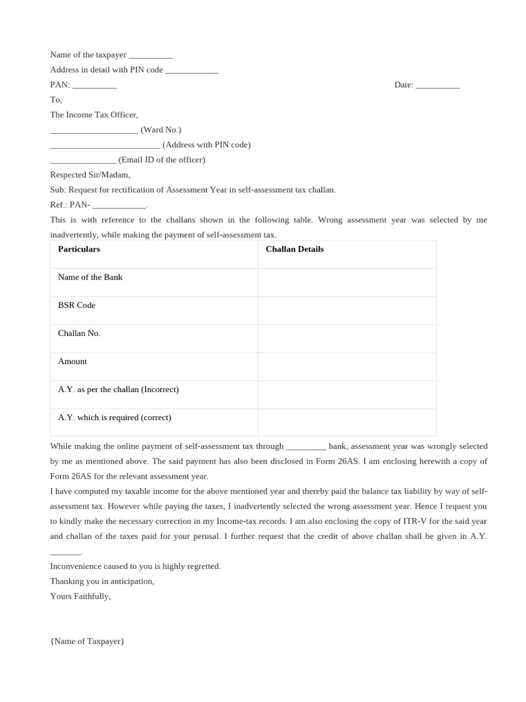 Draft Format of Application of Challan Correction To Be Submitted To The Assessing Officer | PDF