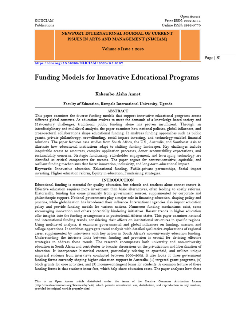Funding Models For Innovative Educational Programs (WWW - Kiu.ac - Ug ...