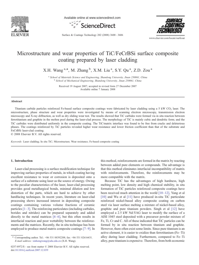 Rf00115-Microstructure and Wear Properties of TiCFeCrBSi Surface Composite Coating Prepared by ...