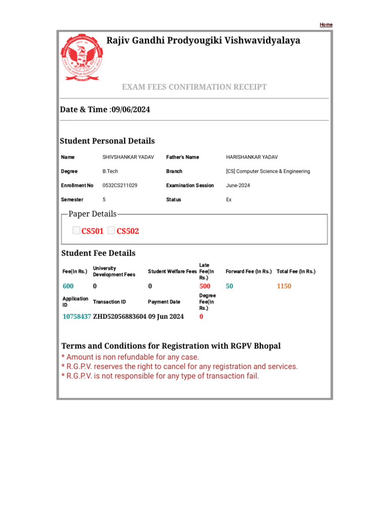 RGPV Exam Fees Confirmation Receipt | PDF