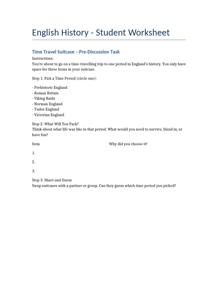 English History Student Worksheet | PDF