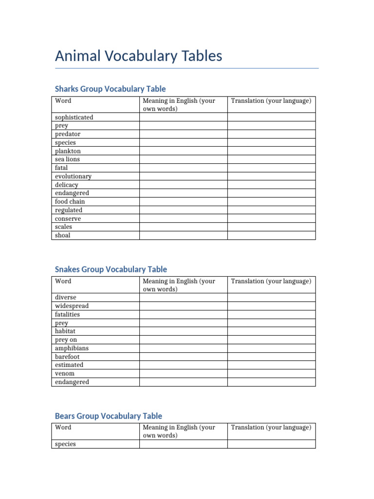 Animal Vocabulary Tables | PDF