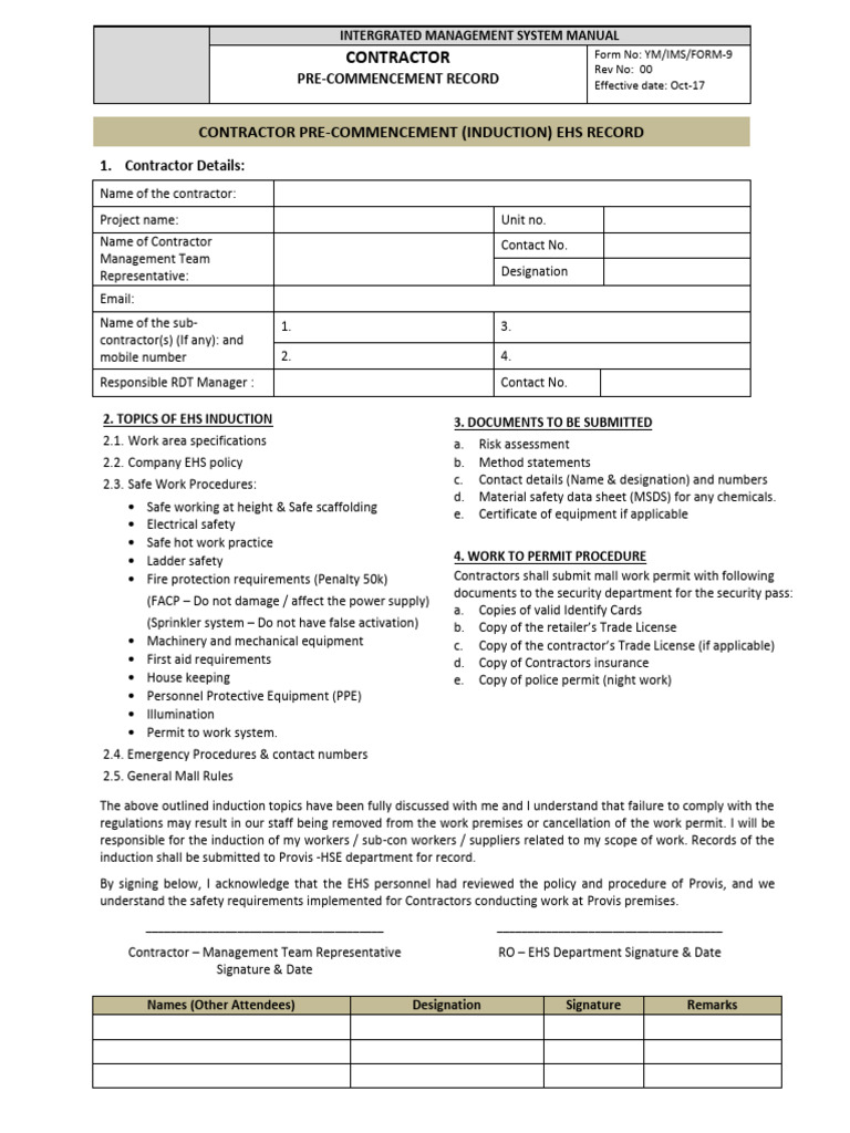 IMS FORM 9 - EHS Pre-Commencement Record | PDF | Personal Protective Equipment | Occupational ...