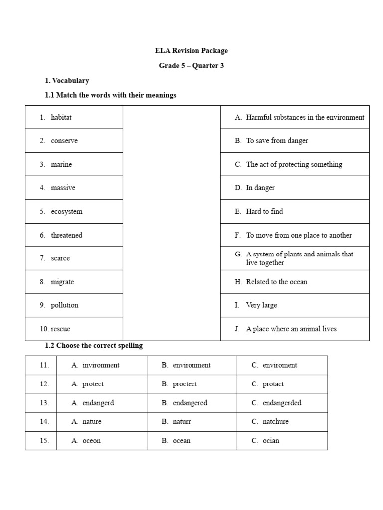 ELA Revision Package Grade 5 | PDF | Endangered Species | Predation